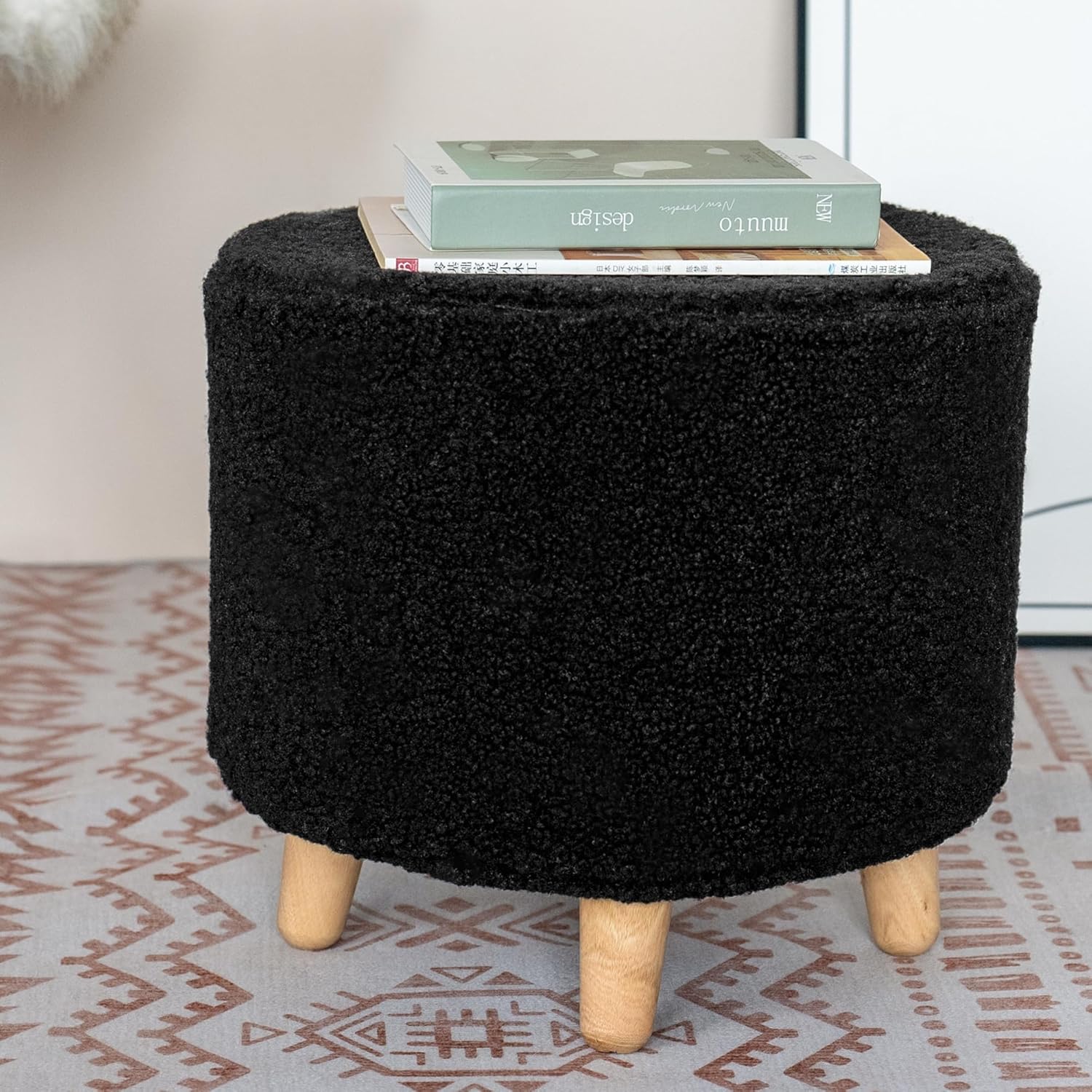 Round Footstool Ottoman,Sherpa Upholstered Stool,Footstool with One ...