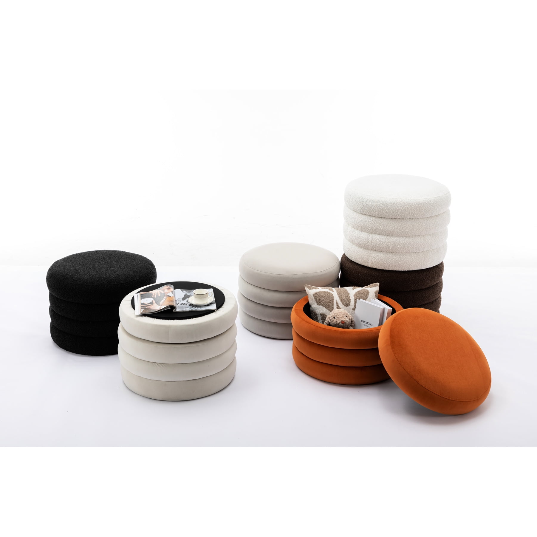 Round Footstool With 54l Storage And Backless Design, Black Space ...