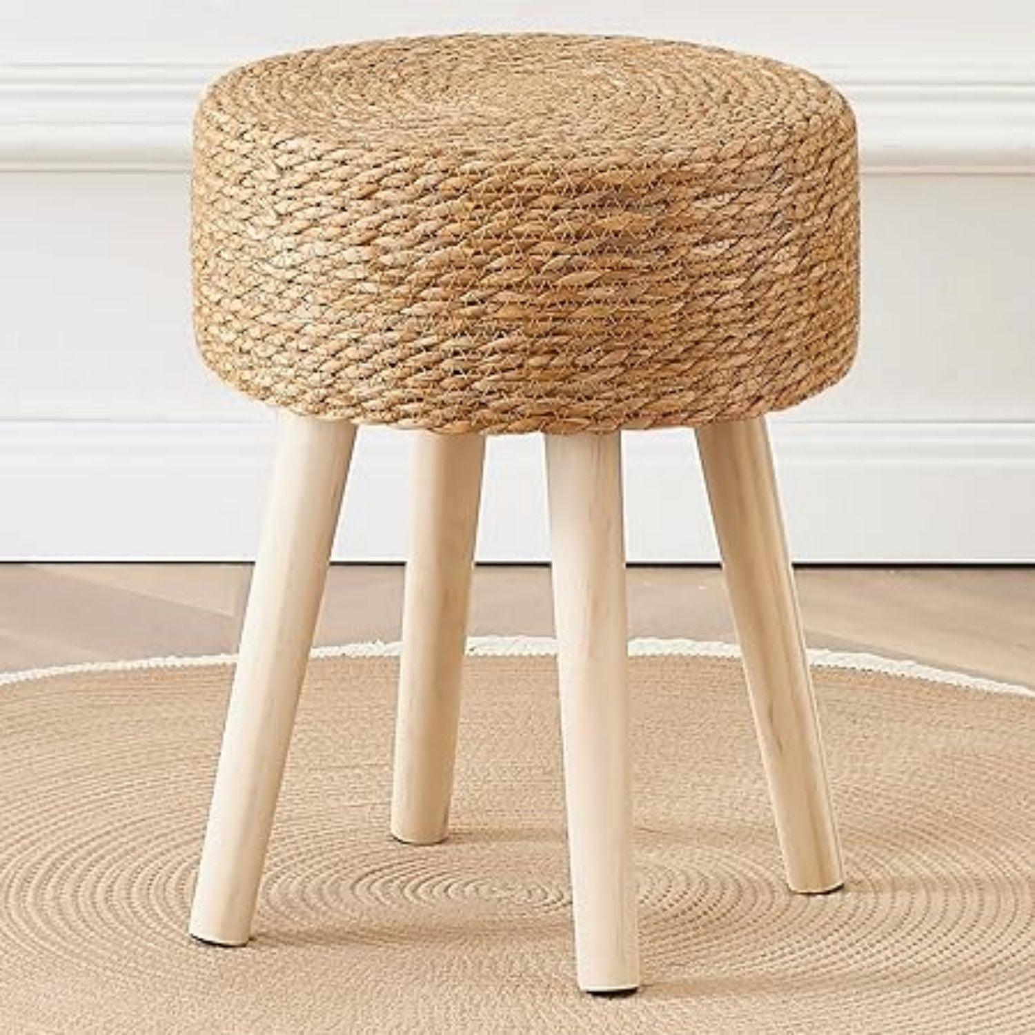Round Footstool with Solid Hand Weave Hyacinth Footrest Step Stool for ...