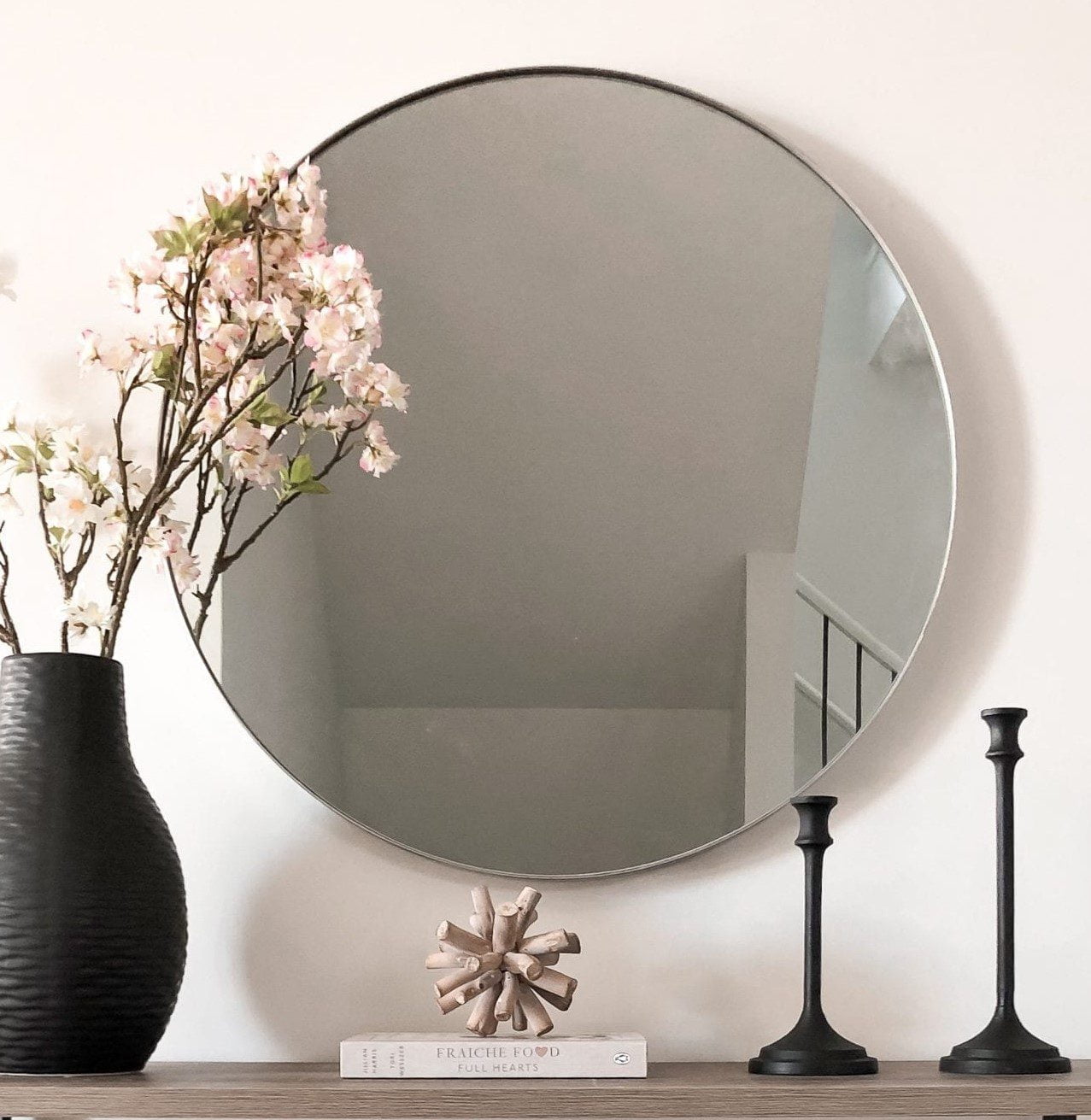 Round Framed Mirror, Decorative Circle Mirror, Brushed Nickel Silver ...