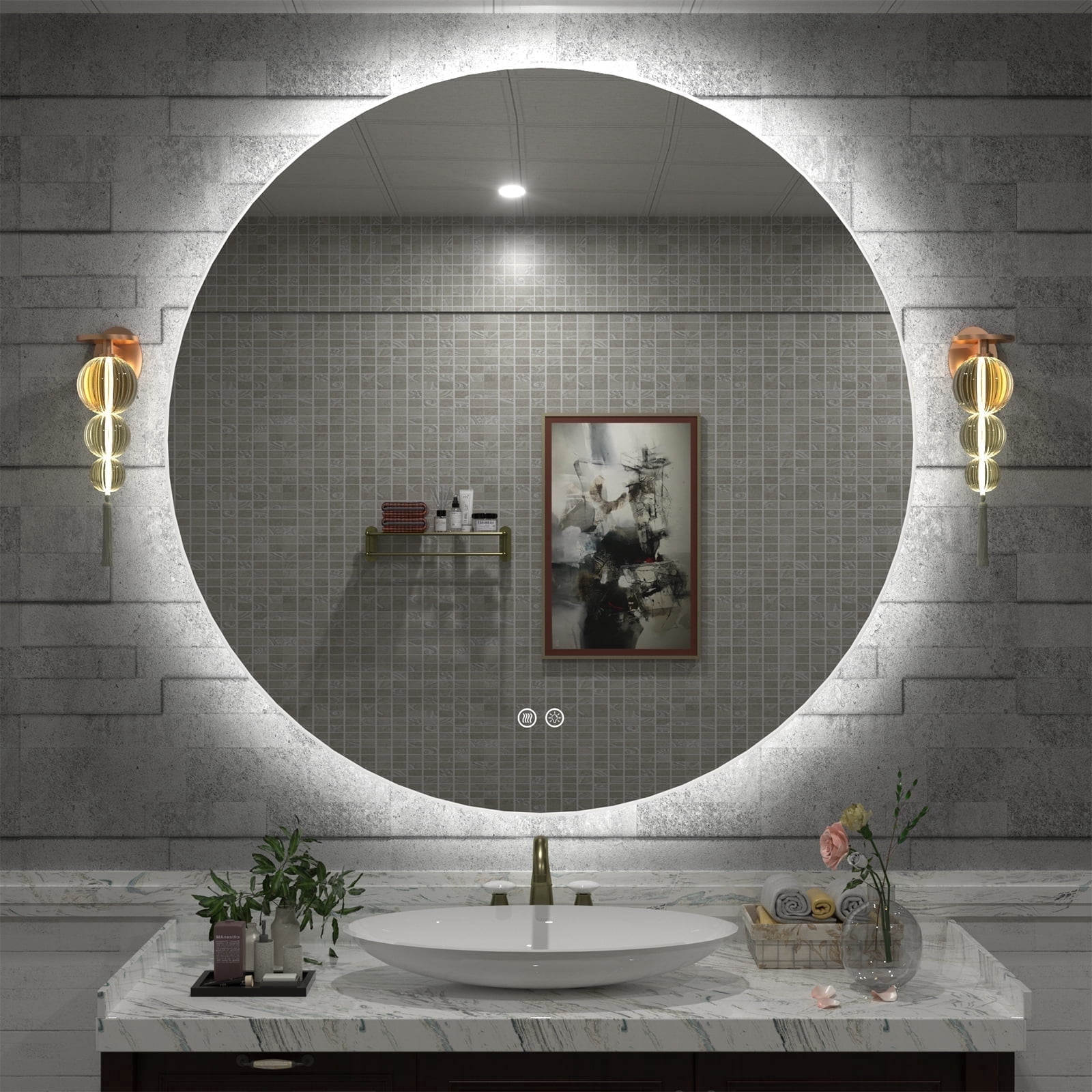 20 Inch Backlit Round LED Wall Mirror, Frameless LED Anti-Fog Bathroom ...