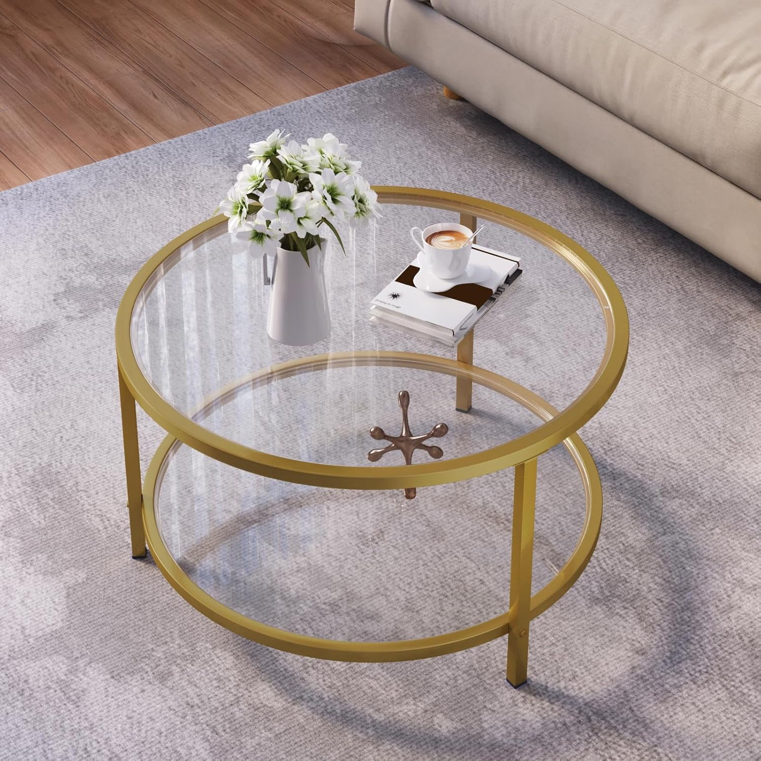 Round Glass Coffee Table 2 Tier Coffee Tables with Storage Shelf for ...