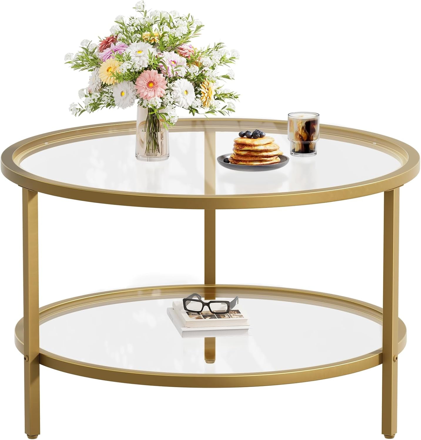 Round Glass Coffee Table 2 Tier Coffee Tables with Storage Shelf for ...