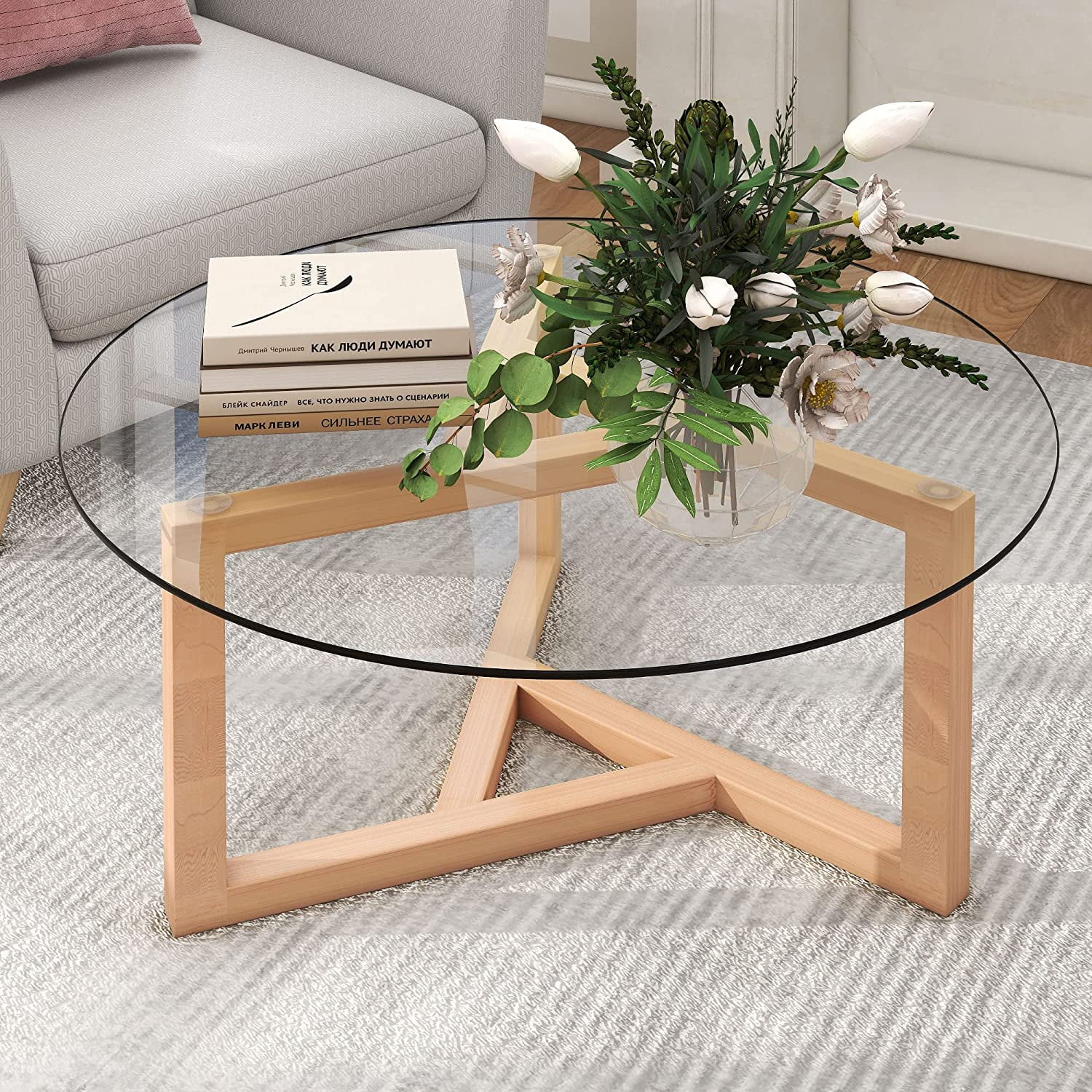 Round Glass Coffee Table Modern Cocktail Table Easy Assembly with ...