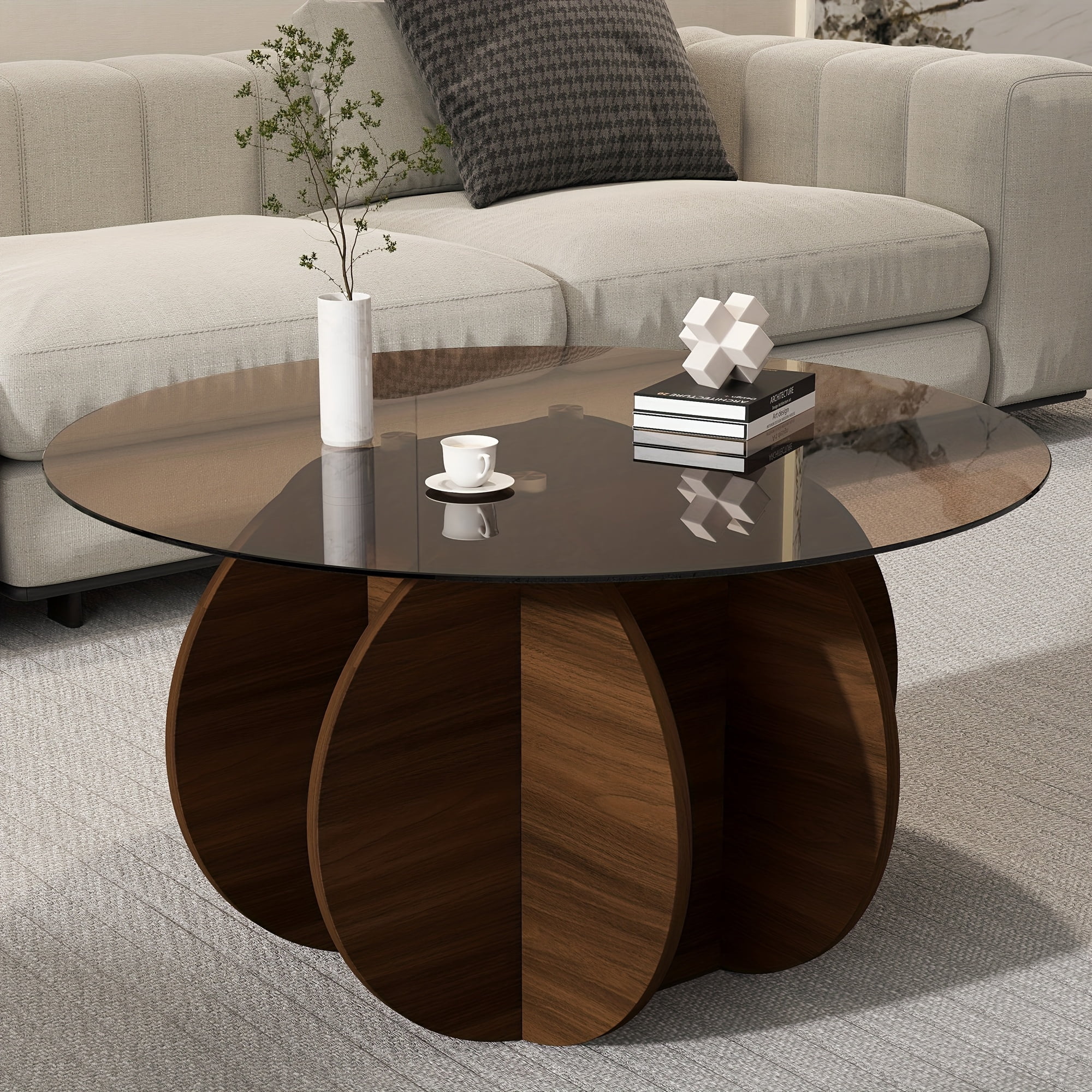 Round Glass Coffee Table, Petal-Inspired Base for Small Spaces, Modern ...