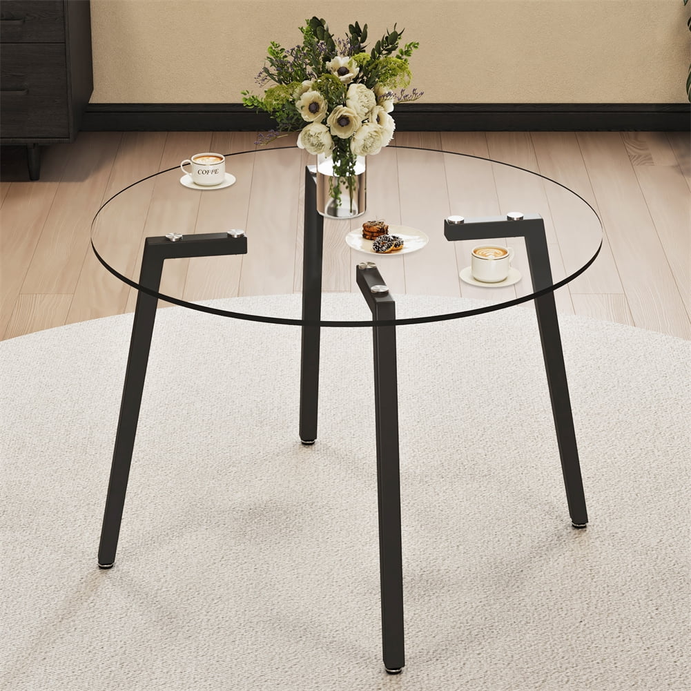 Round Glass Dining Table, Modern Kitchen Table with Clear Tempered ...