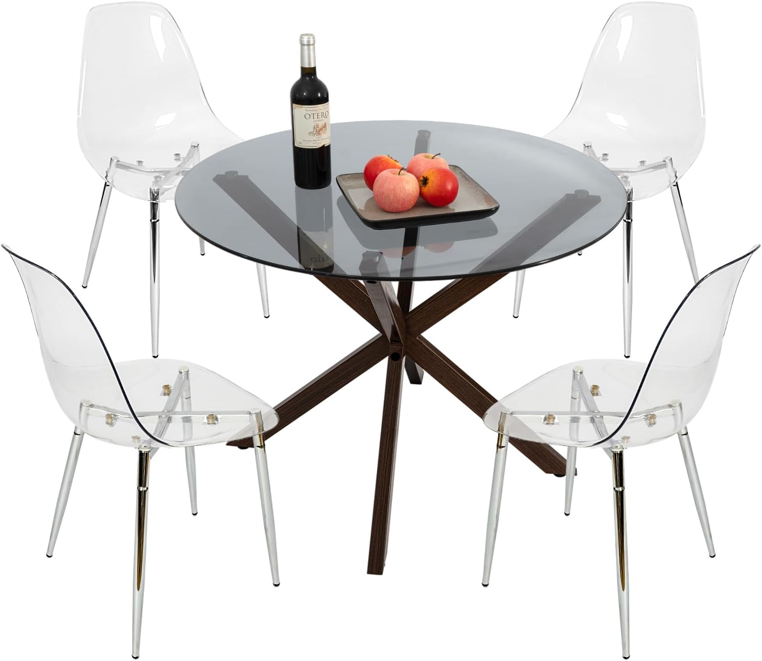 Round Glass Dining Table Set for 4, Grey Dining Table with 4 Clear ...