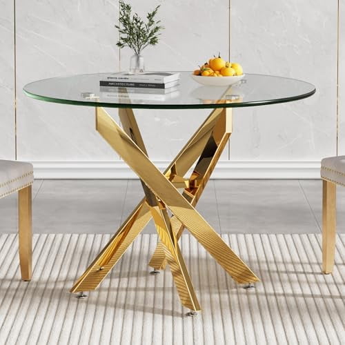 Round Glass Dining Table, Tempered Glass Tabletop and Metal Legs ...