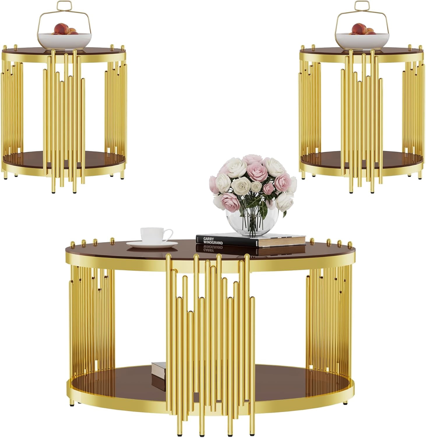 Round Glass End Table Black, Modern Gold Living Room Table with ...
