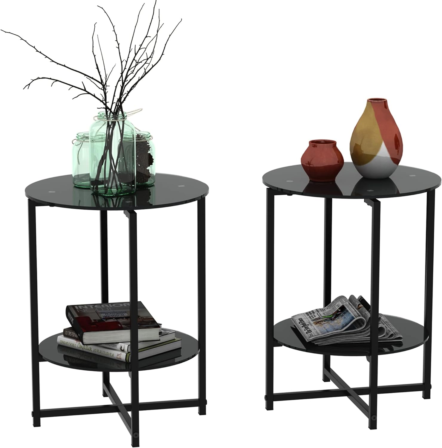 Round Glass End Table Sets of 2 Coffee Table for Living Room, Mordern ...