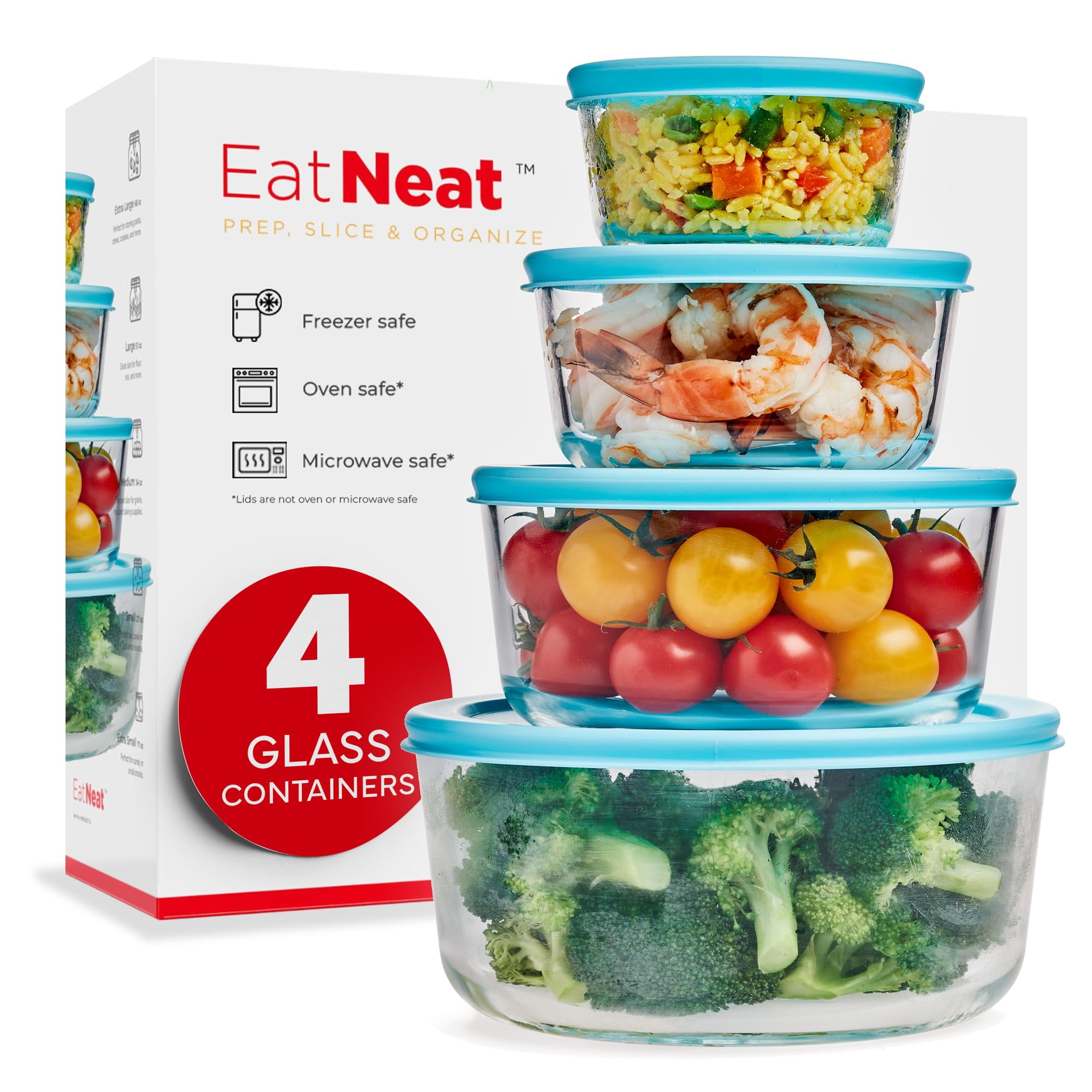 Round Glass Food Storage Containers Set of 4 with Lids, Stackable ...