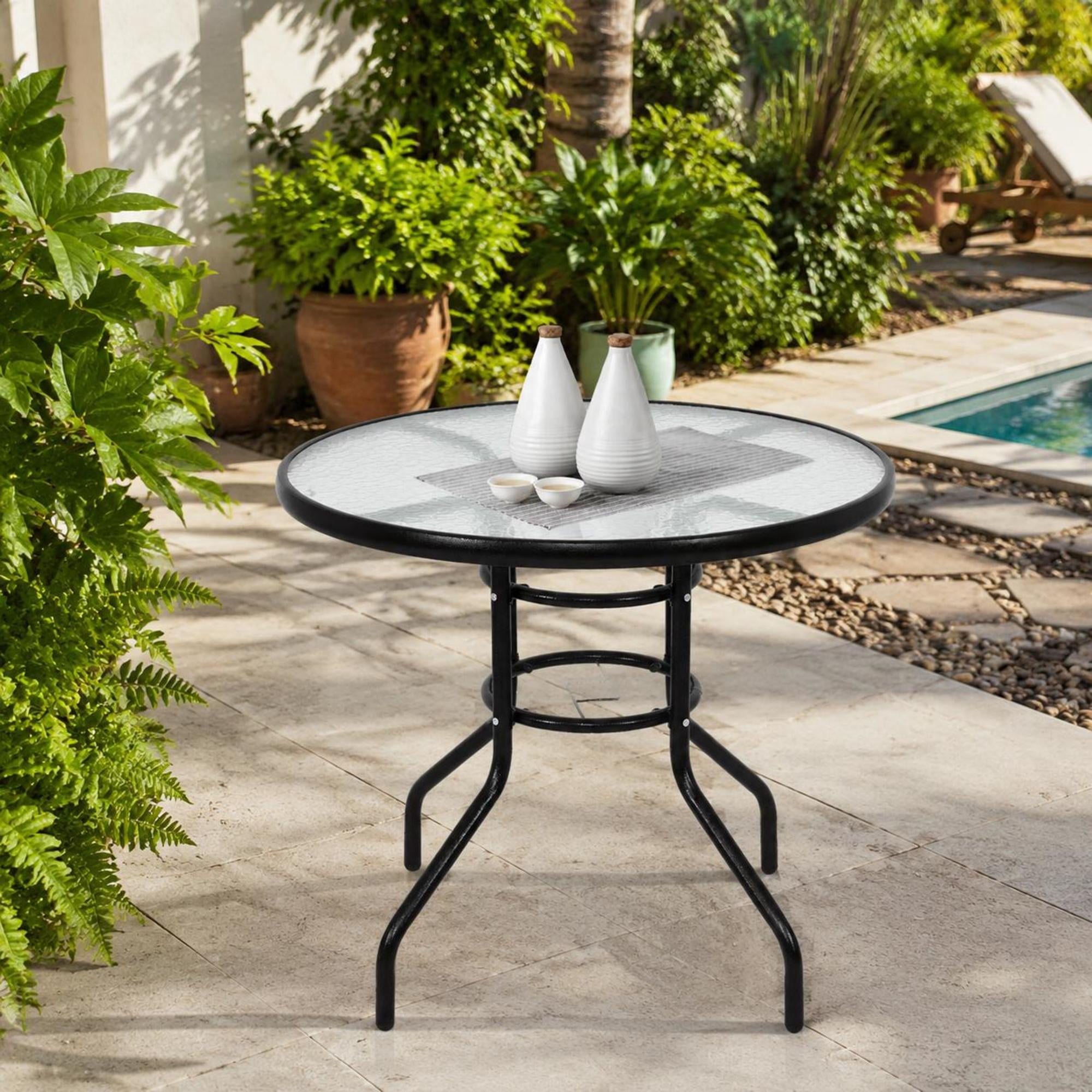 Round Glass Patio Table with Metal Frame, Outdoor Dining Table, Accent ...