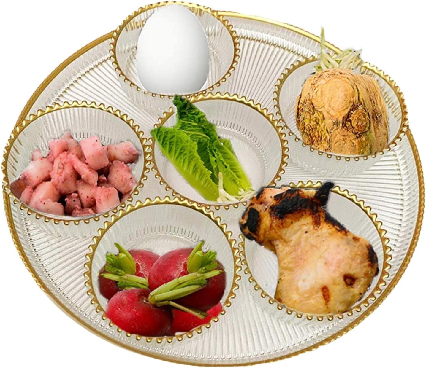 Round Glass Seder Tray with 6 Removable Bowls - Clear with Gold Beaded ...
