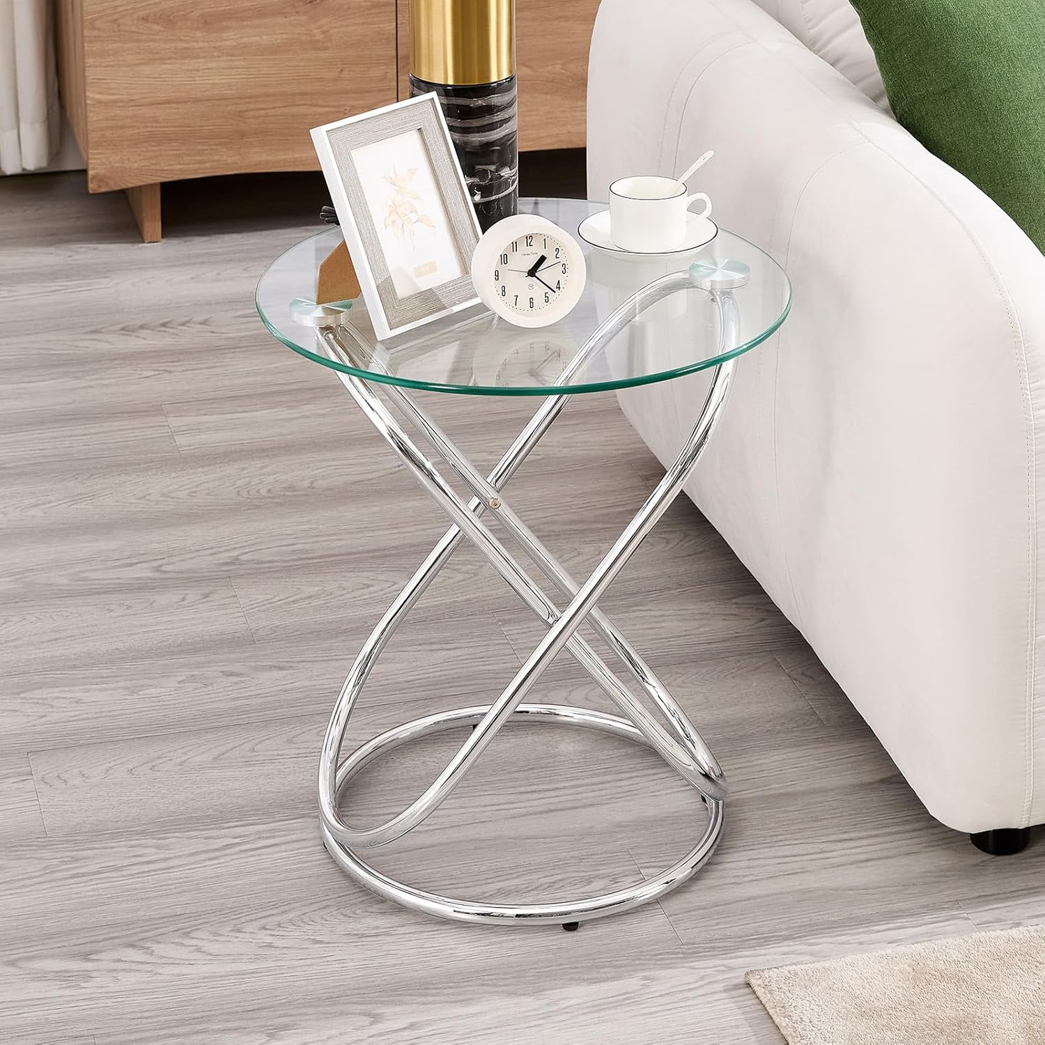 Round Glass Side Table for Living Room, Modern Glass End Table with ...