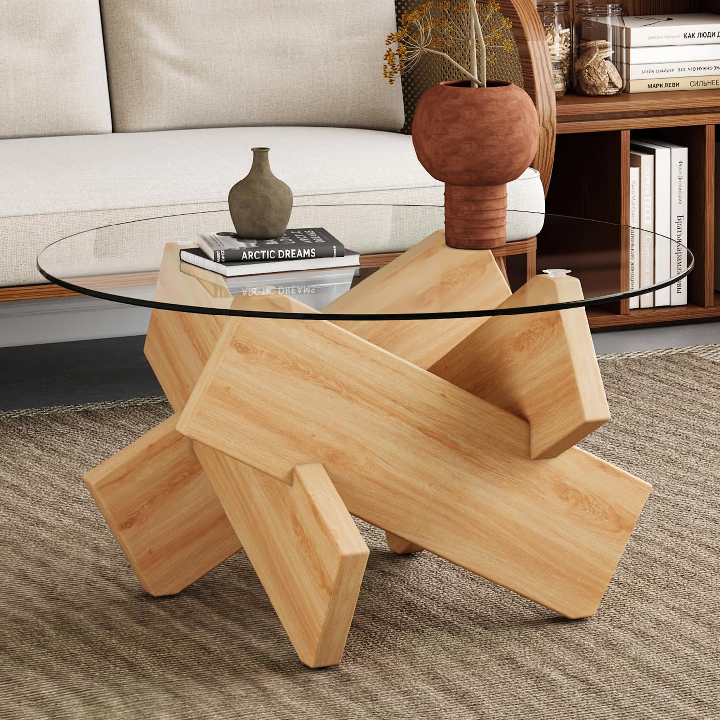 Round Glass Top Coffee Tables for Living Room, 33.4 Inch Rustic ...