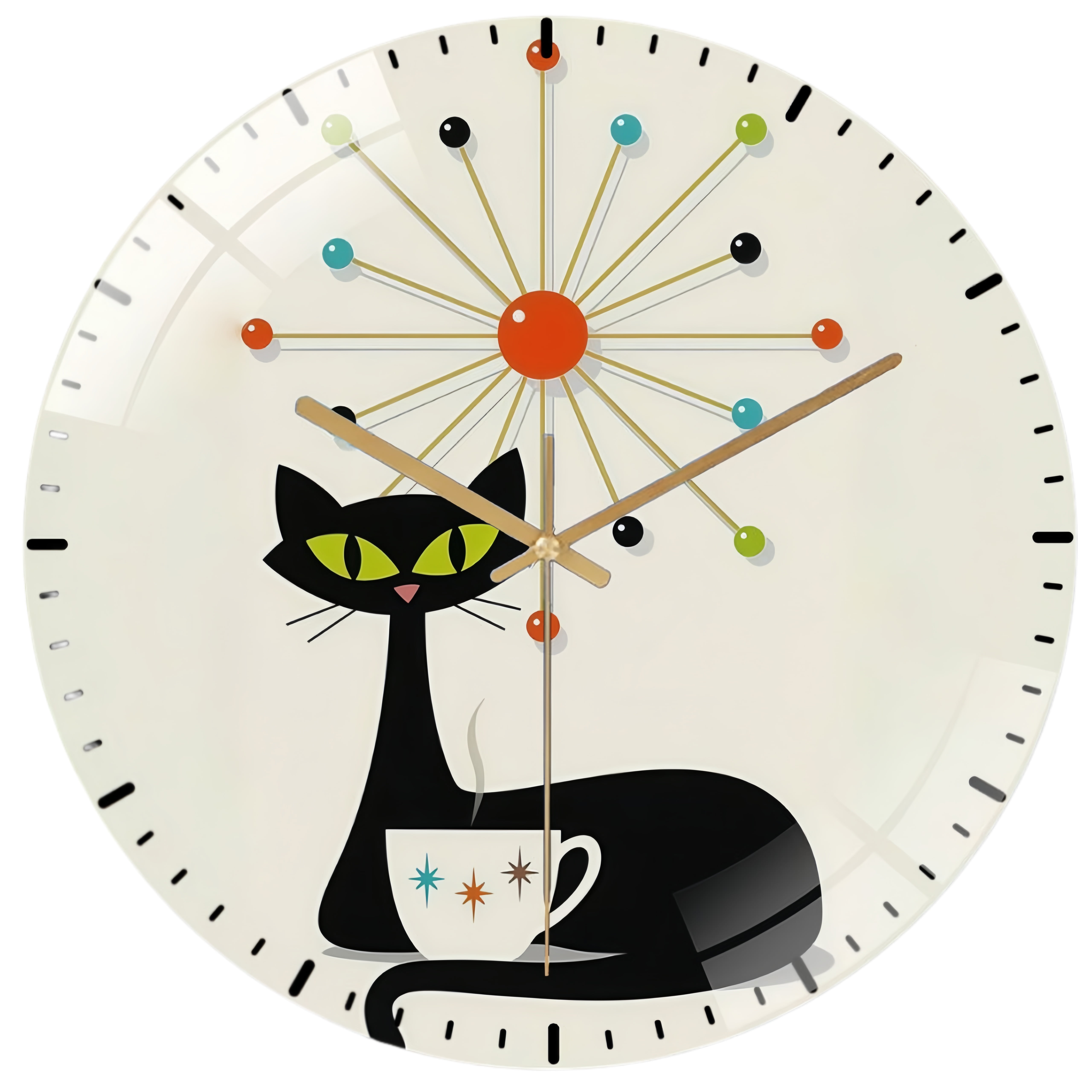 Round Glass Wall Clock, 30*30CM (CA Factory) Mid Century Modern Cat And ...