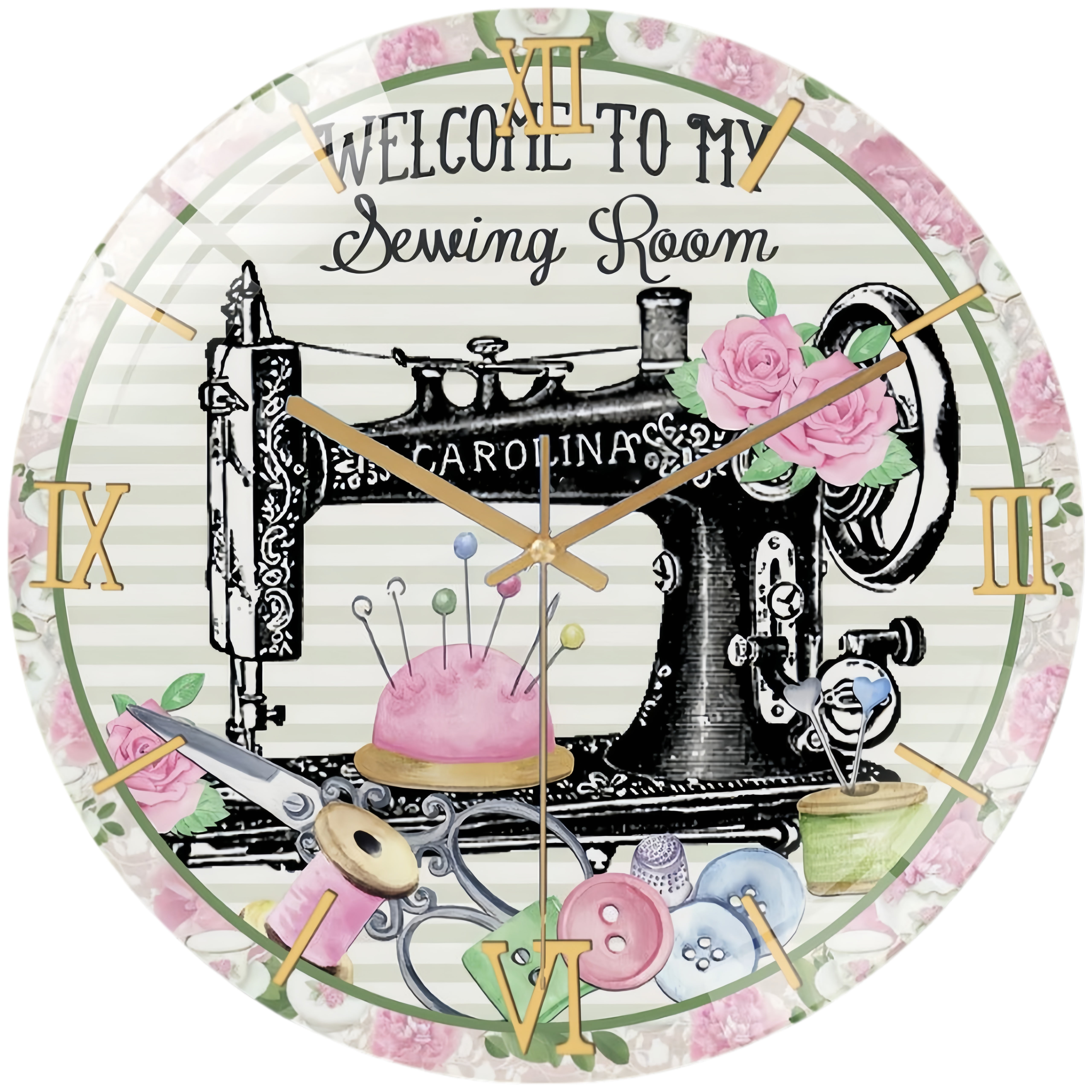 Round Glass Wall Clock, Welcome to My Sewing Room Wreath Glass Wall ...