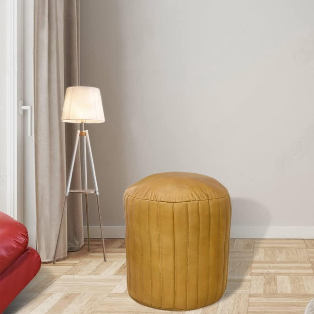 Round Goat Leather Handmade Eco-Friendly Beige Pouf - Round Pouf,16" x ...