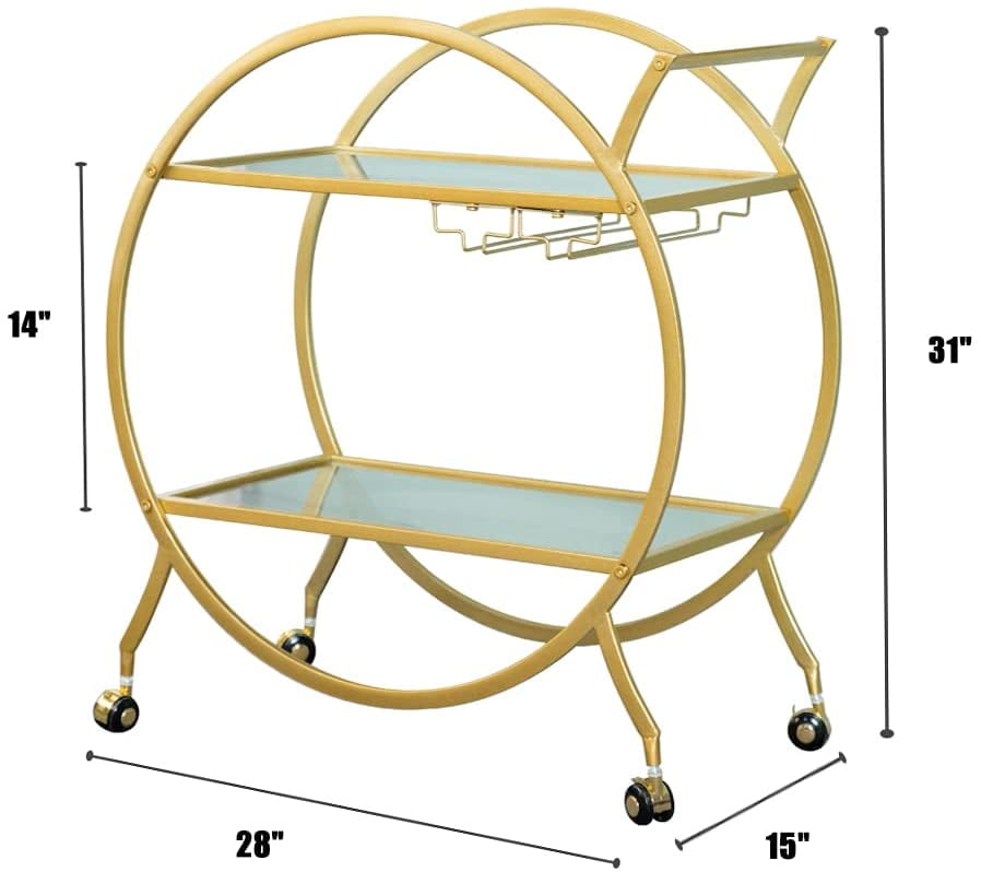 Round Gold Bar Cart 2 Mirrored Shelves Bar Serving Cart with Wheels and ...