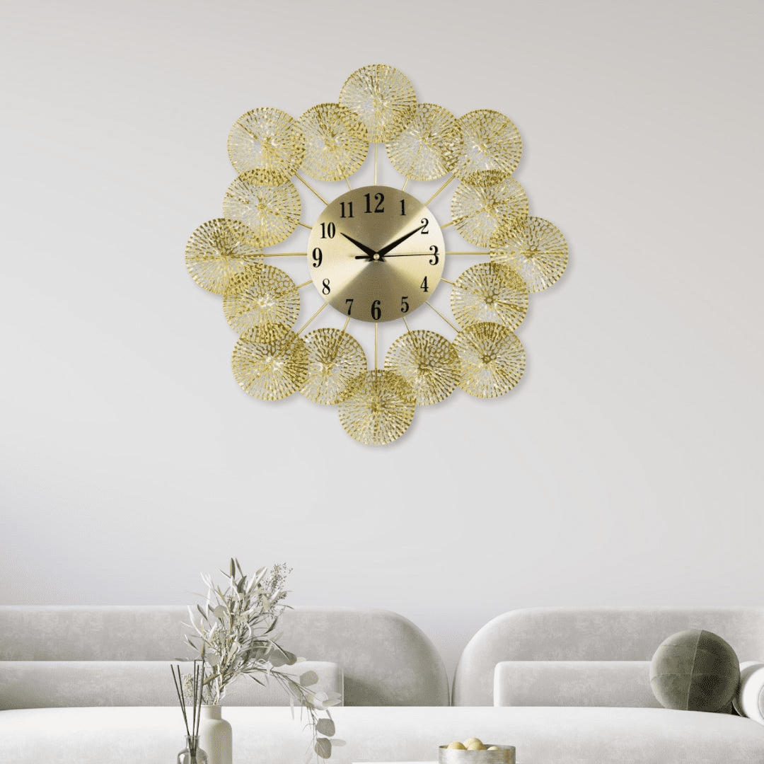Round Golden Wall Clock, Circular Clock, Abstract Shields Metal Wall ...