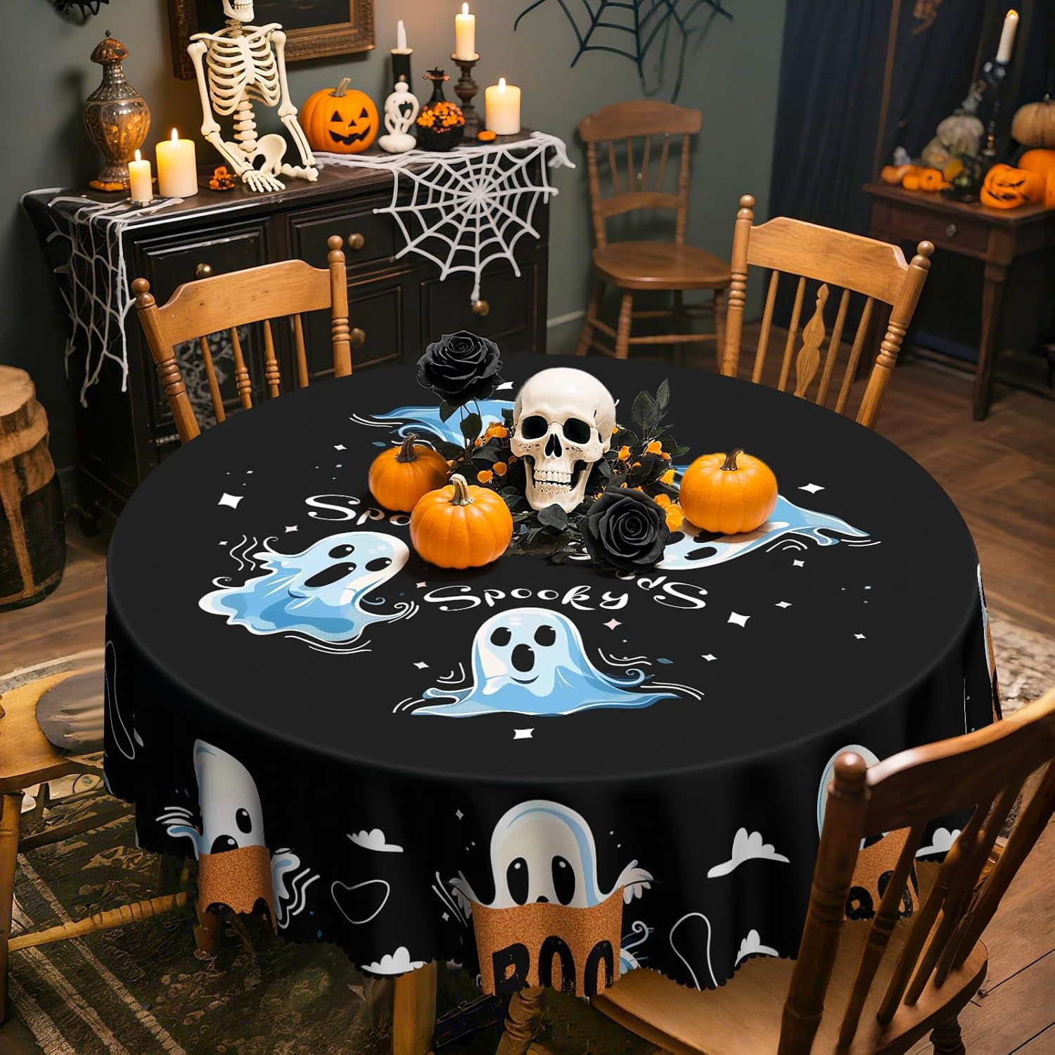 Round Gothic Skull Tablecloth 60 Inches, Horror Skeleton Table Cover ...