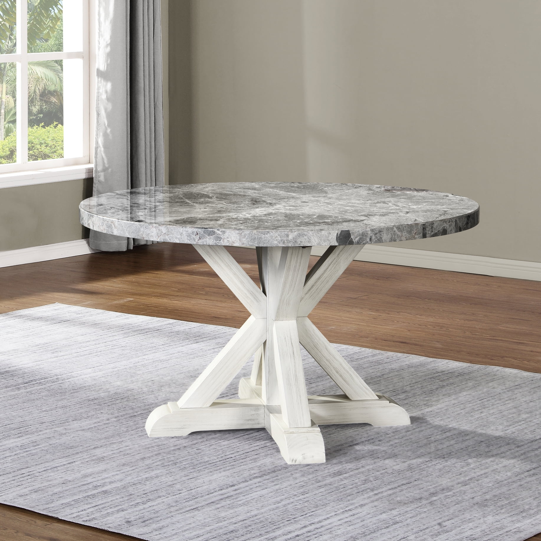Round Gray Marble Table - 6 Seat Capacity White Timber-beam Base ...