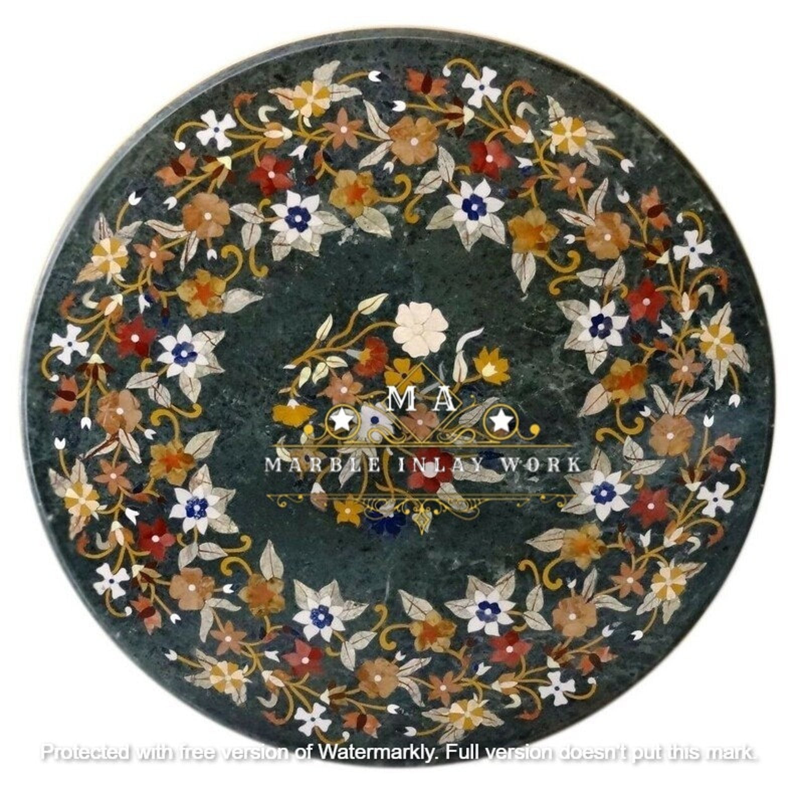 Round Green Marble Meeting Table Top with Semi-Precious Stone Inlay ...