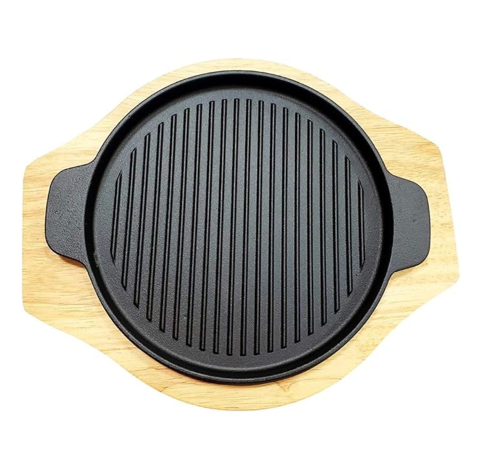 Round Grill Cast Iron Pan W/Rubber Wood Underliner, for Steak, Meat ...