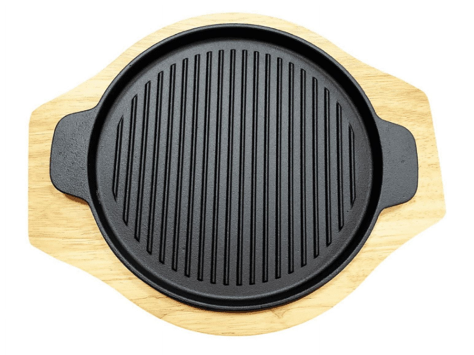 Round Grill Cast Iron Pan W/ Rubber Wood Underliner, for Steak, Meat ...