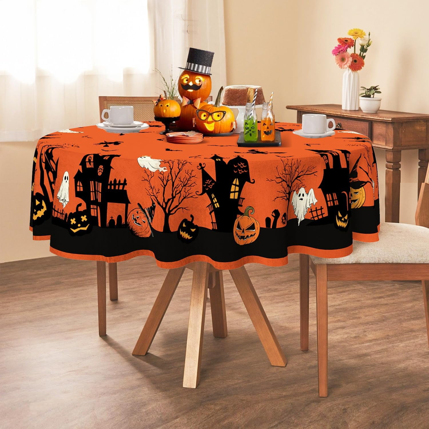 Round Halloween Tablecloth 60x60Inch, Scary Pumpkin Spooky Castle Witch ...