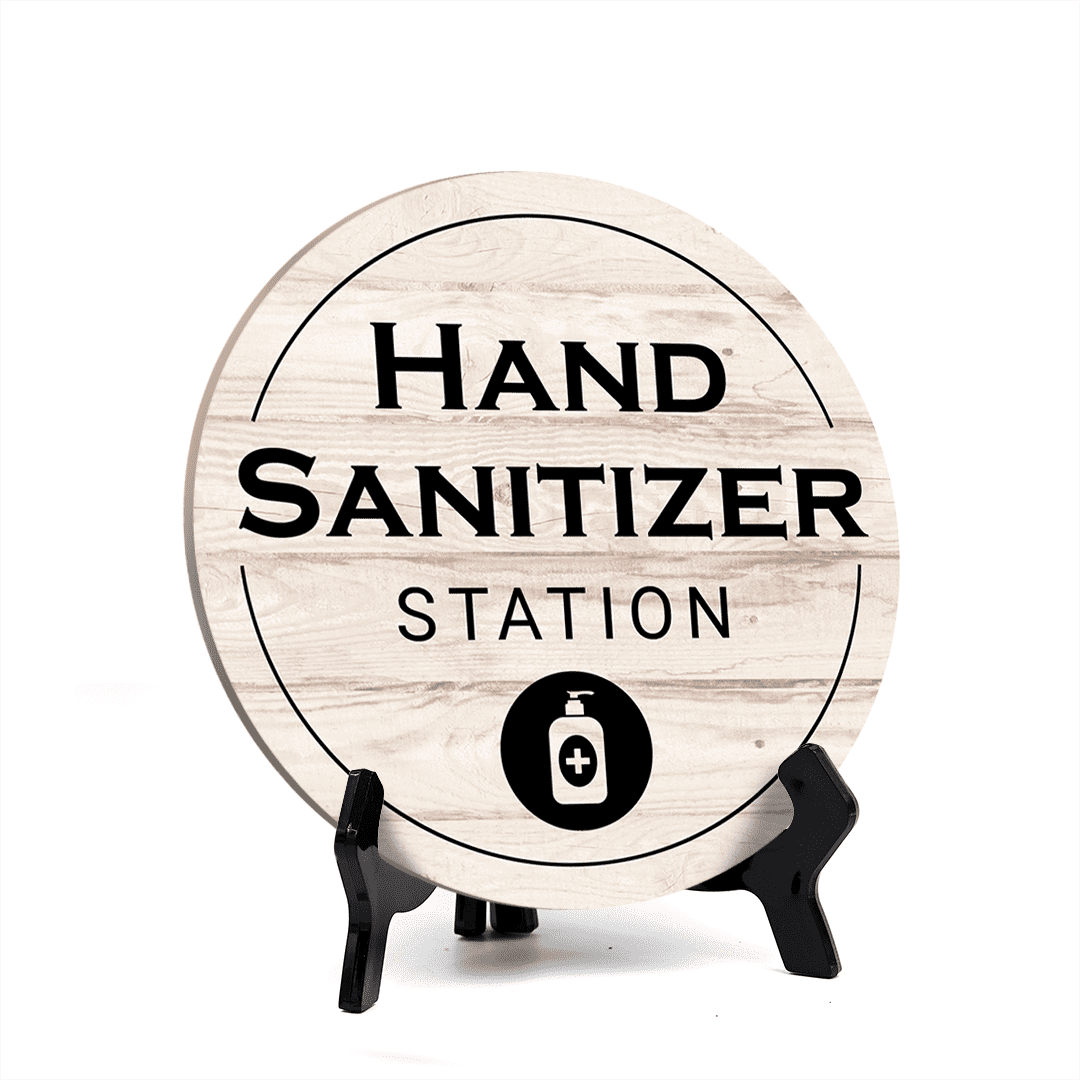Round Hand Sanitizer Station, Light Wood Color Bathroom Table Sign with ...