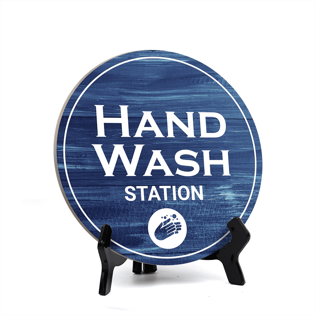 Round Hand Wash Station, Washed Blue Wood Color Bathroom Table Sign ...