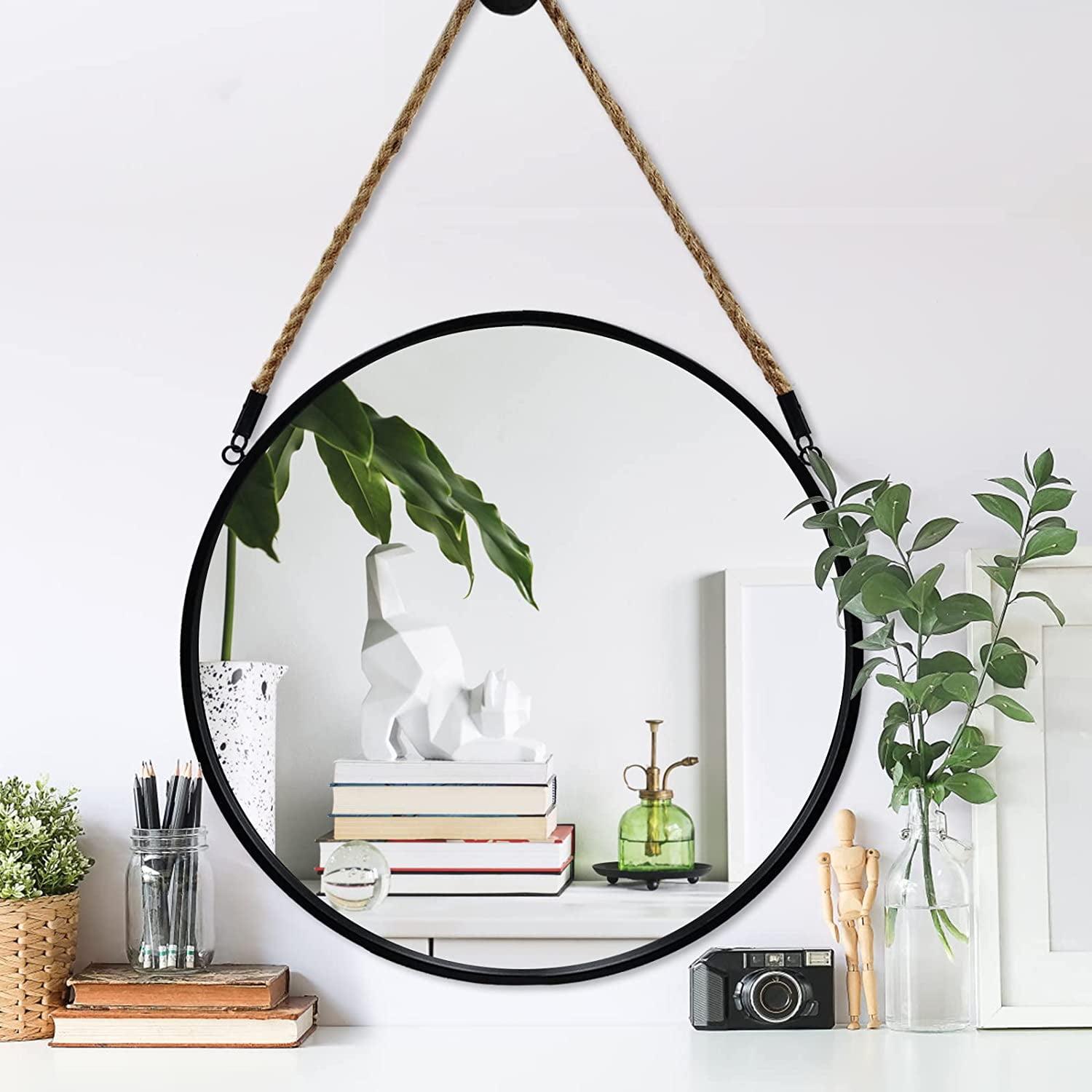 Round Hanging Mirror with Rope, Farmhouse Wall Mirror, Black Frame ...