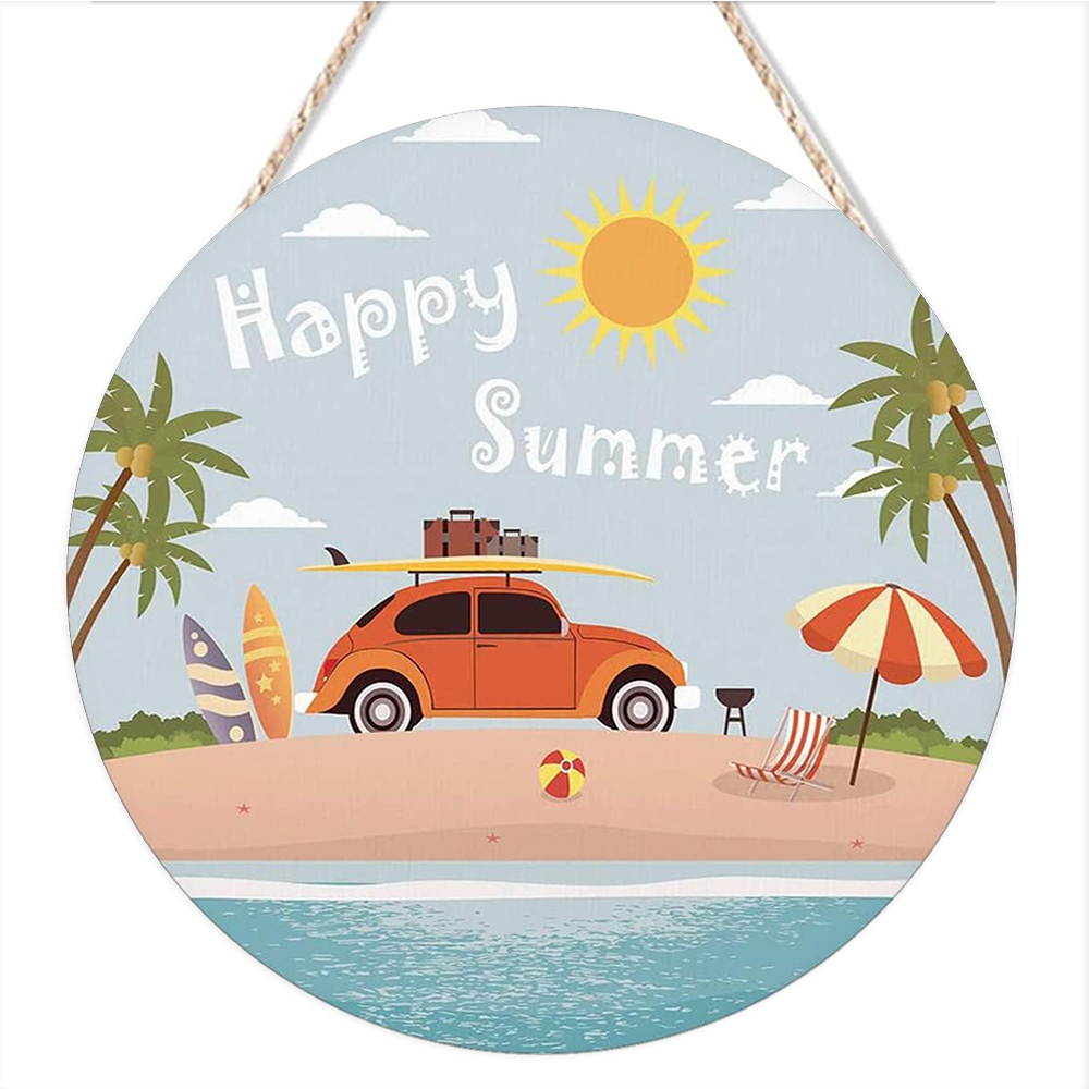 Round Hanging Wood Sign Happy Summer Beach Surfing Palm Tree Red Truck ...