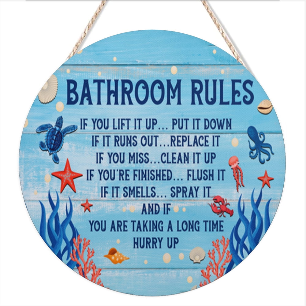 Round Hanging Wood Sign Ocean Bathroom Rules If You Lift It Up Put It ...