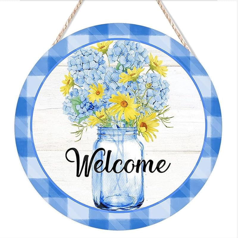 Round Hanging Wood Sign Rustic Wall Decor Hydrangeas and Yellow Daisies ...
