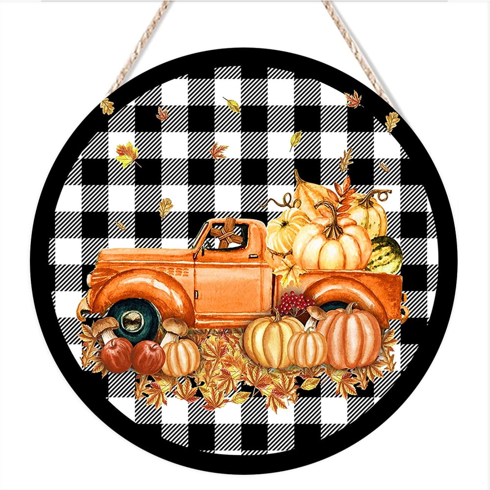 Round Hanging Wood Sign Rustic Wall Decor Wall Plaque Orange Truck With ...