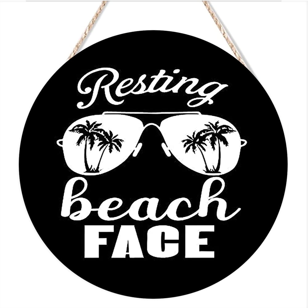 Round Hanging Wood Sign Rustic Wall Decor Resting Beach Face Sunglasses ...