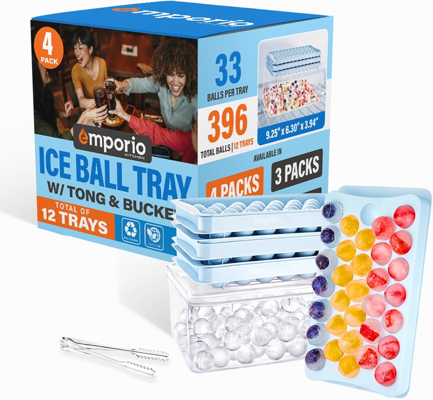Emporio Kitchen Round Ice Cube Tray Set with Lid and Bin, 396 Ice Balls ...