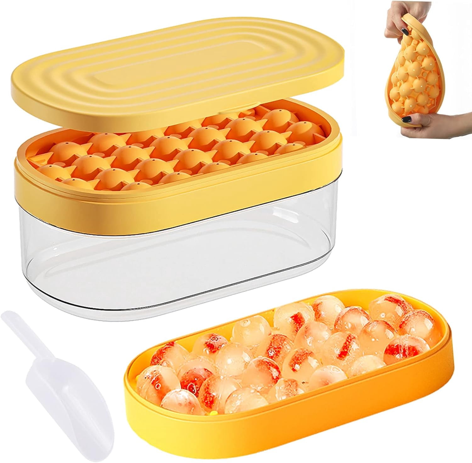 Round Ice Cube Tray with Lid and Bin,Silicone Sphere Ice Trays for ...