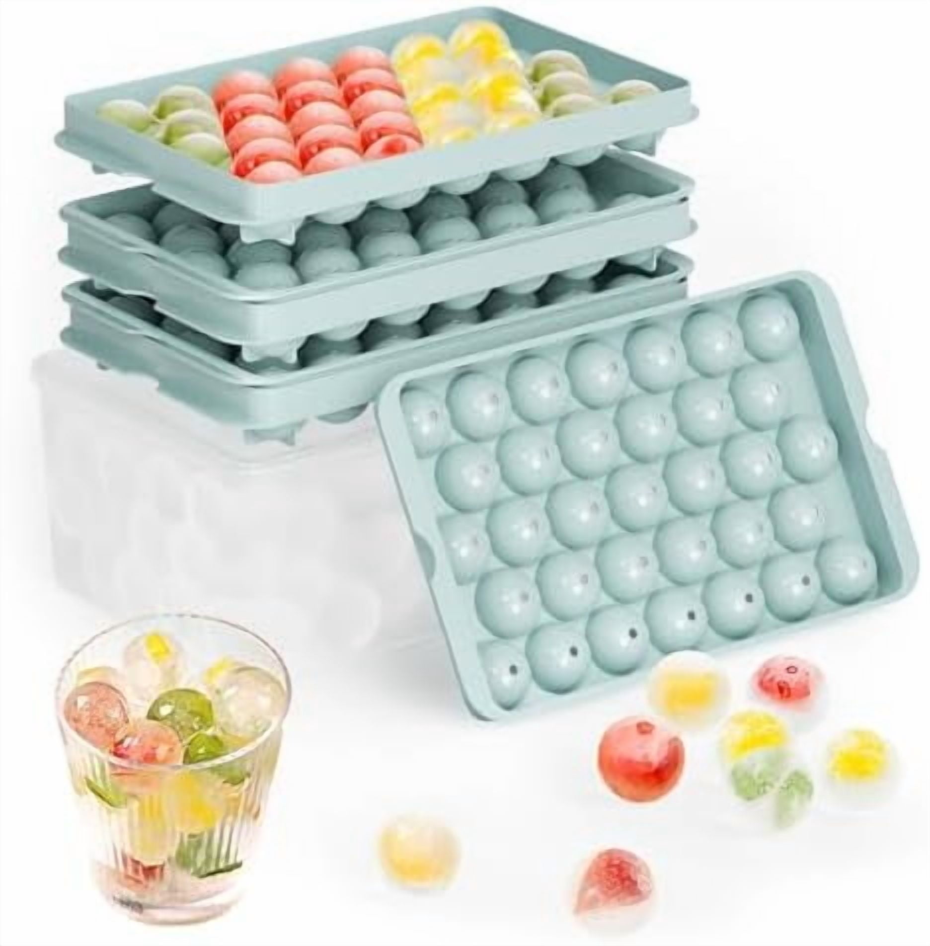 Round Ice Cube Tray Set - 3 stackable sphere ice molds with lid and bin ...