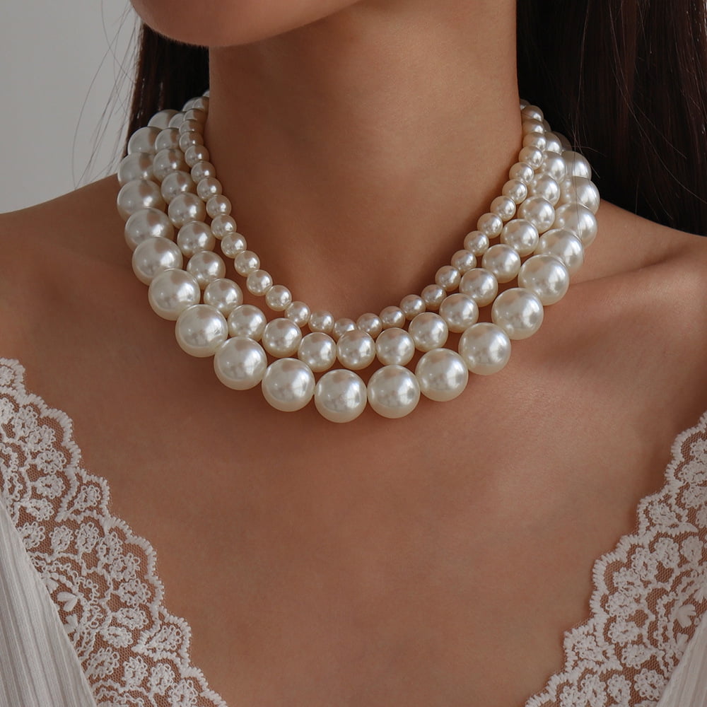 Round Imitation Pearl Choker Necklace Multi Strands Choker 20s Flapper ...