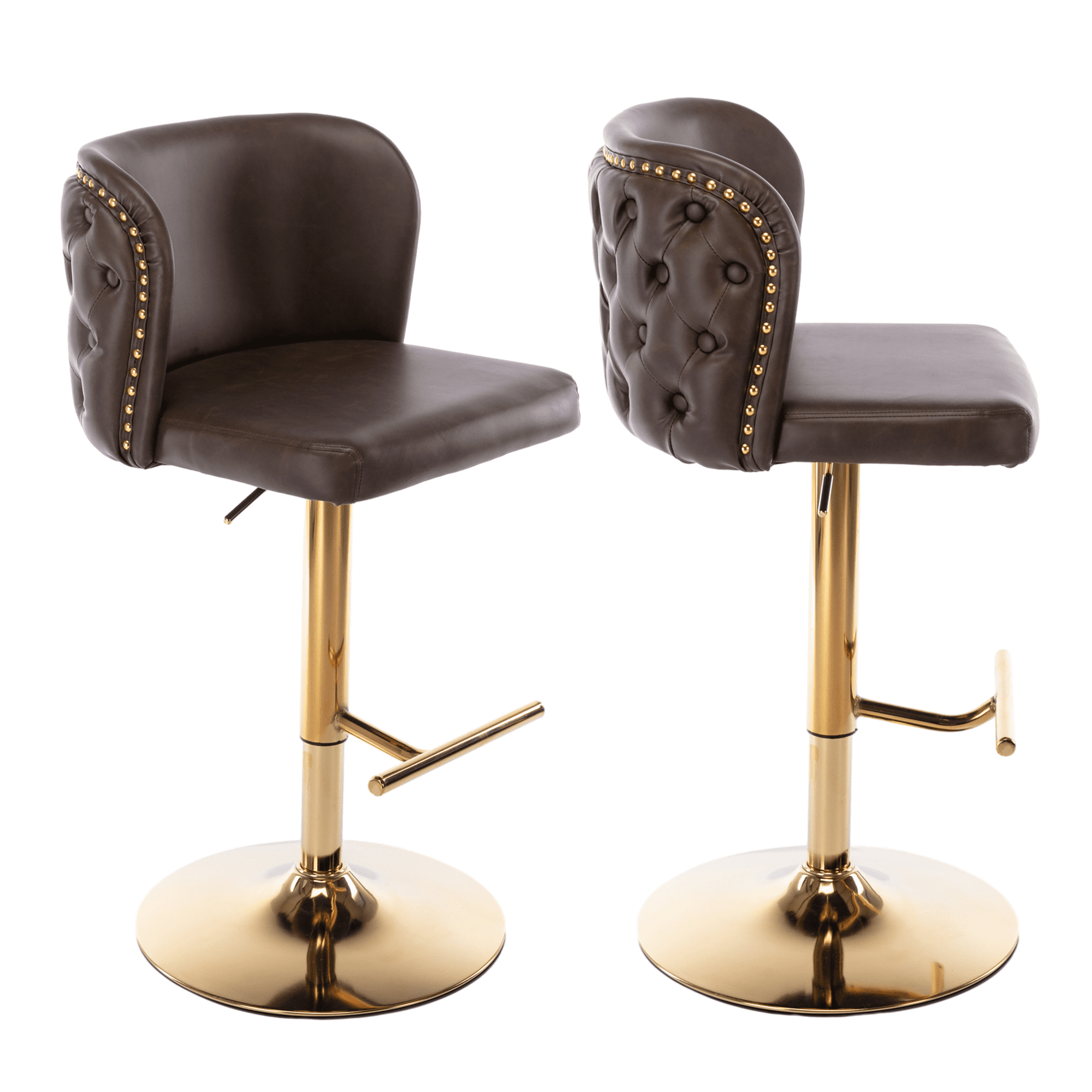 Round Kitchen High Bar Chairs with Golden Base PU Upholstered Bar Stool ...