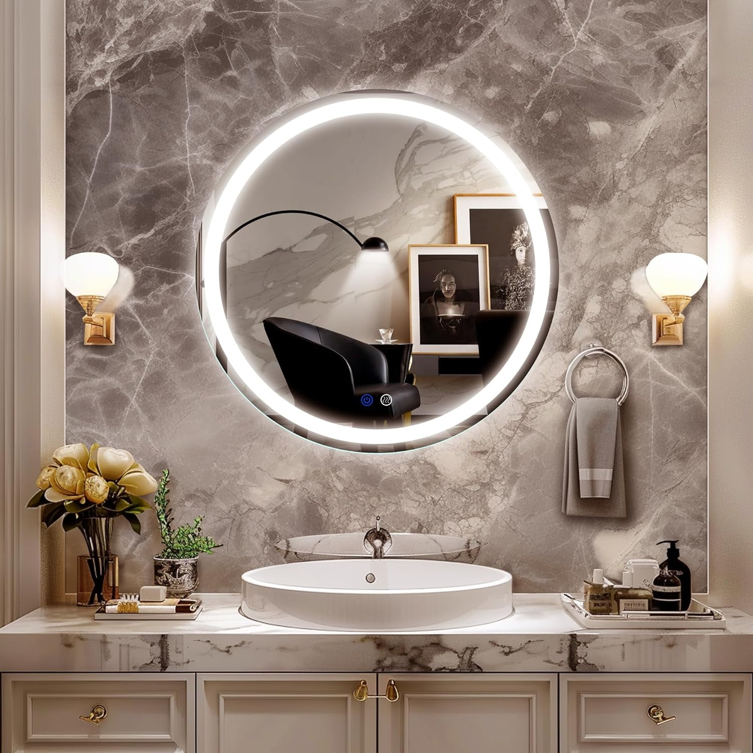 Round LED Bathroom Mirror 24 Inch- Stepless Dimmable Wall Mirrors with ...