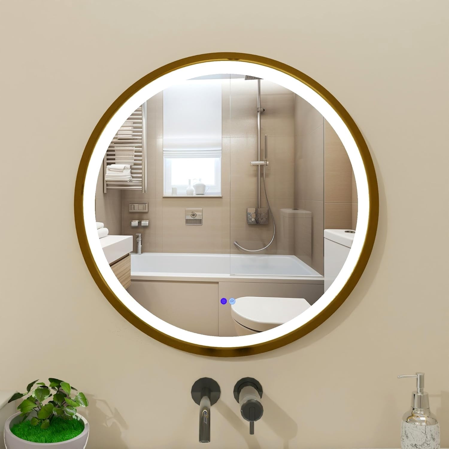 Round LED Bathroom Mirror with Lights, Front Lit Makeup Mirror, Anti ...