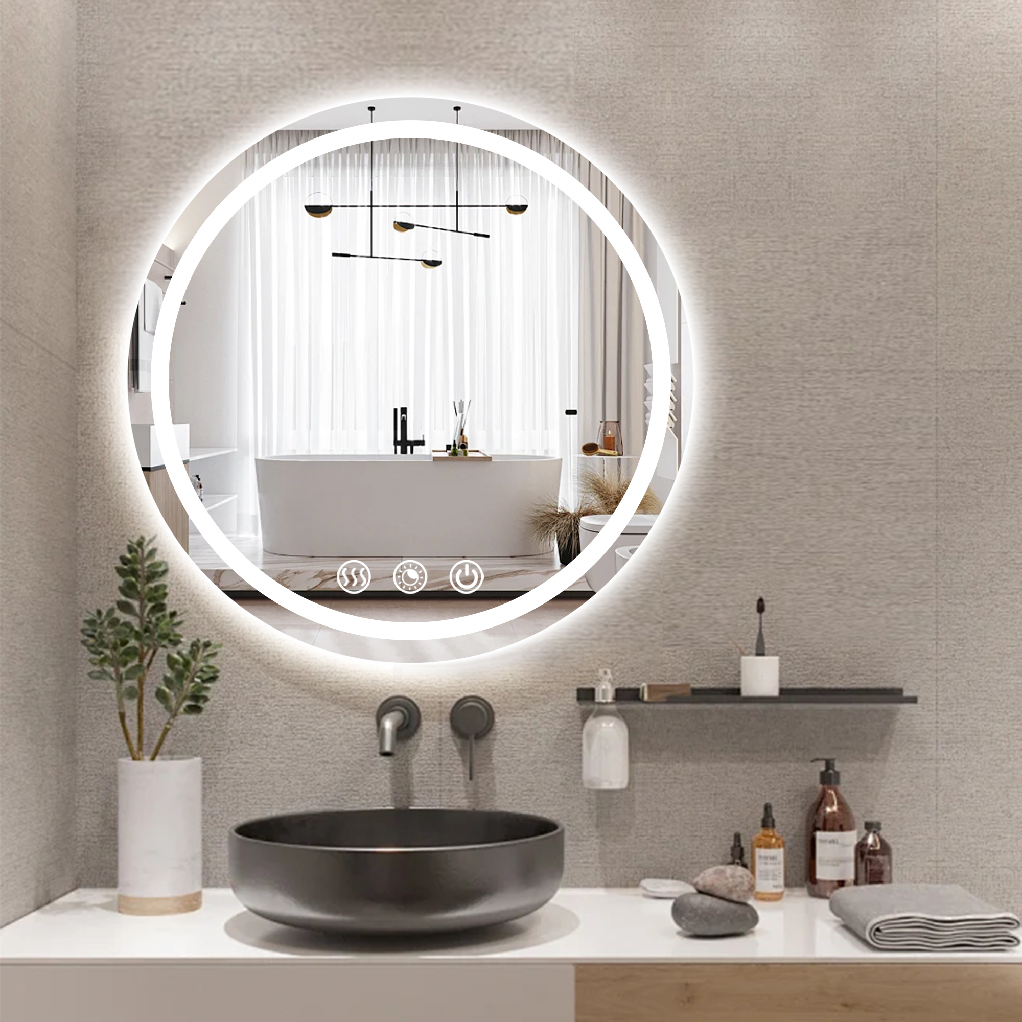 Gymax Round Led Bathroom Mirror w/ 3 Color LED Lights Time ...