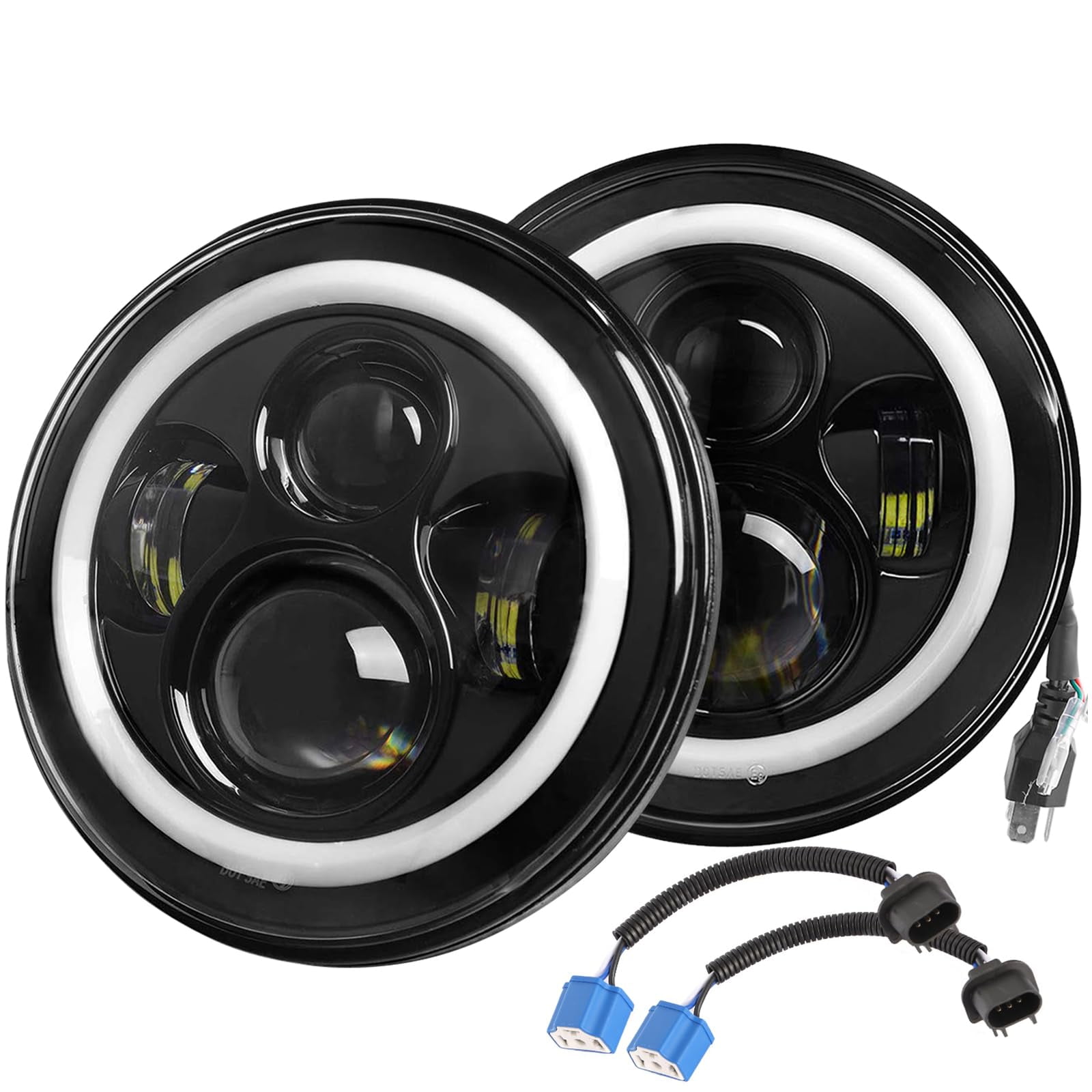 Round LED Headlights with Halo - 2PCS 7 Inch Headlamp for Jeep Wrangler TJ JK CJ, Offroad Lights ...
