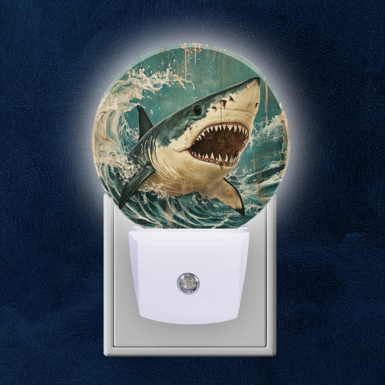 Round LED Night Lights Lamp with Dusk to Dawn Sensor, Great White Shark ...