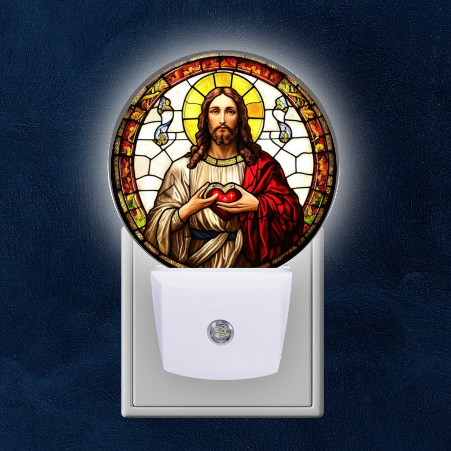 Round LED Night Lights Lamp with Dusk to Dawn Sensor, Jesus Christ with ...