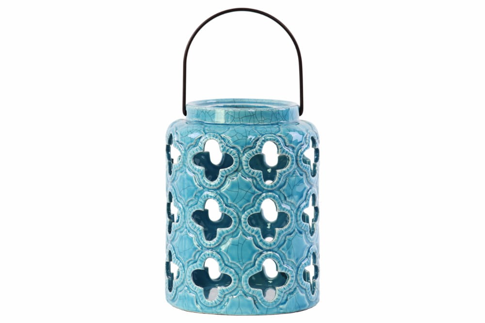 Round Lantern with Quatrefoil Cutouts and Black Metal Handle-Blue ...
